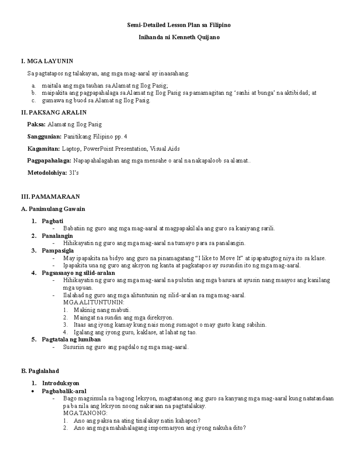 Semi-Detailed Lesson Plan (Filipino) on Alamat ng Ilog Pasig - Studocu