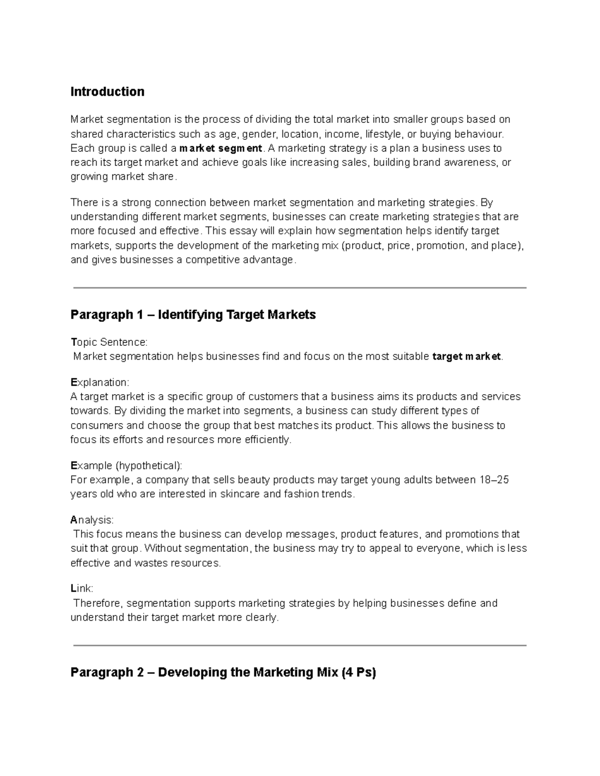Business Studies- Essay on Market Segmentation and Strategy - Studocu