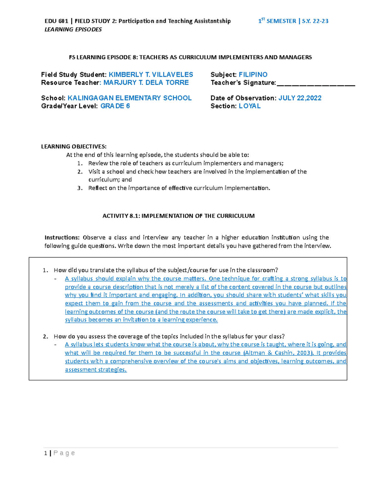 EDU 601 P1 Learning Episode 8 - FS LEARNING EPISODE 8: TEACHERS AS ...