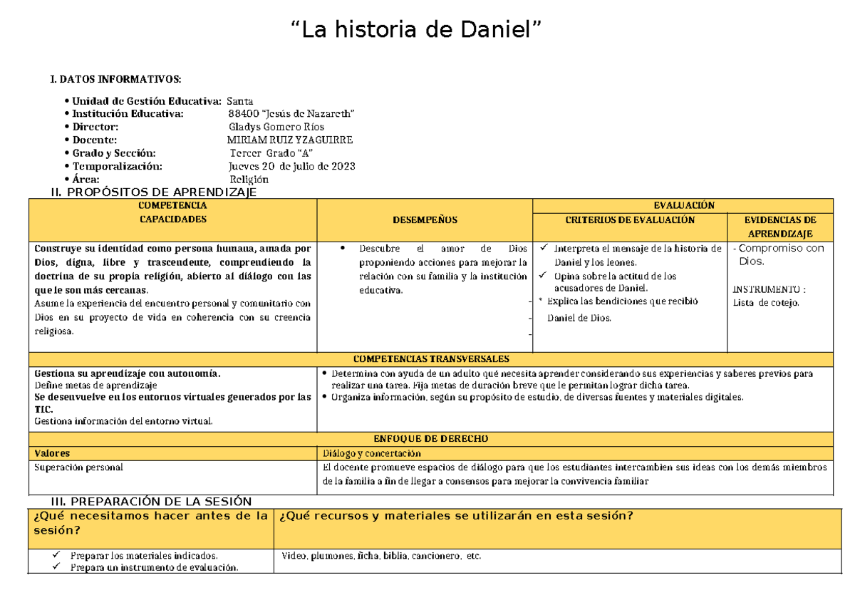 Sesión de Religión: Aprendiendo sobre la Historia de Daniel - Studocu
