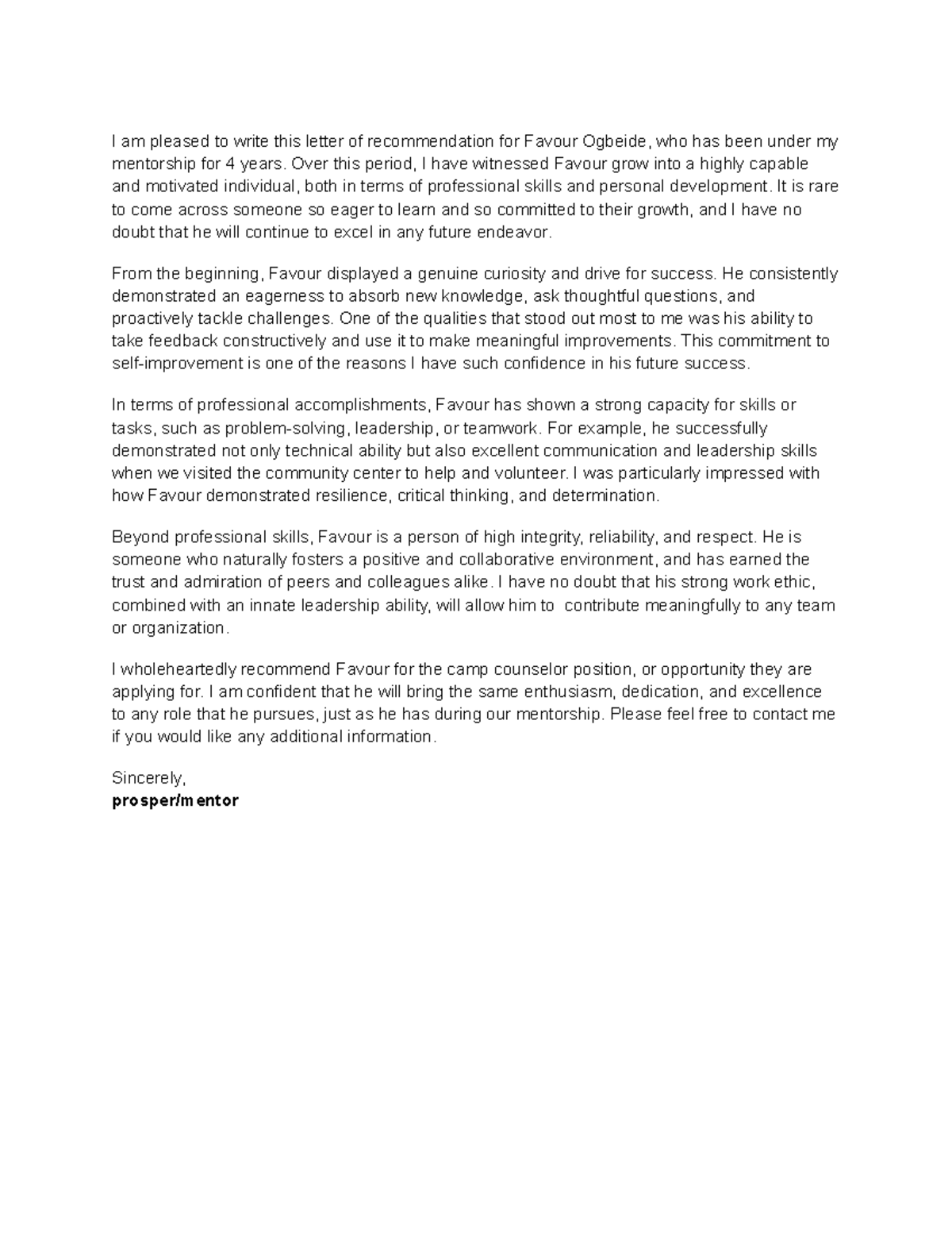 Recommendation Letter for Favour Ogbeide - Reference Notes - Studocu