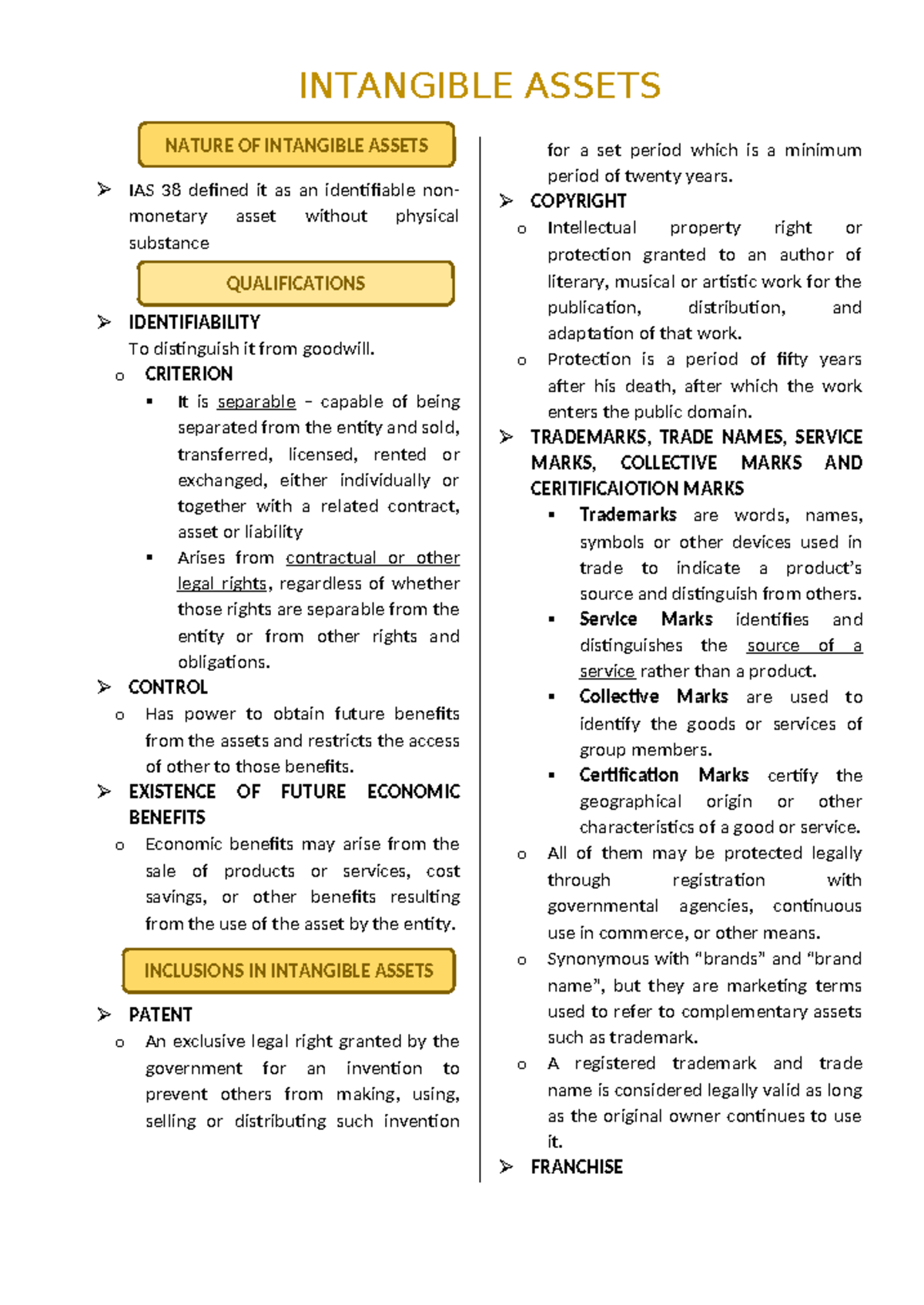 Intangible Assets - Notes on IA2 - IAS 38 defined it as an identifiable ...