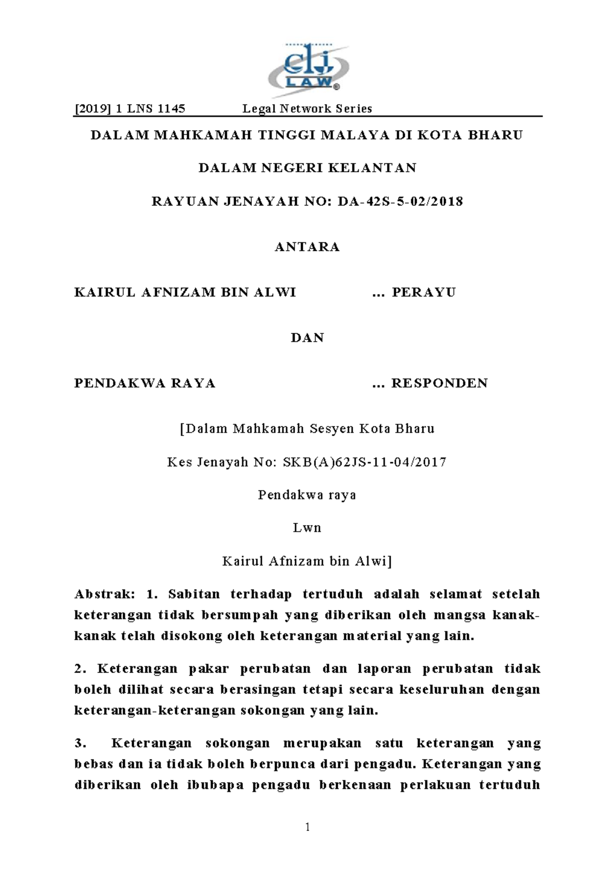 1 LNS 1145 Legal Network Series: Rayuan Kes Jenayah Khairul Afnizam v ...