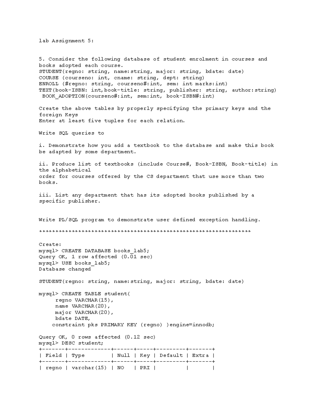 Lab Assignment 5: Database Management System (DBMS) Program on Books ...