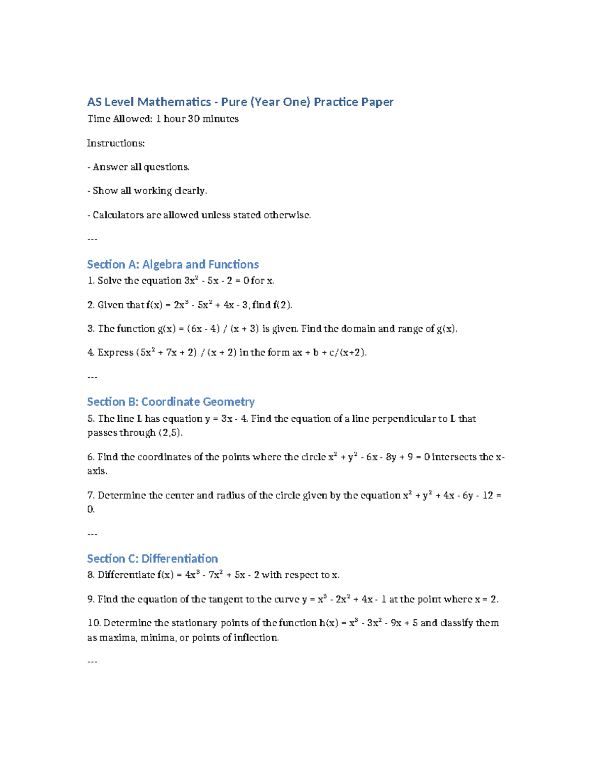 AS Level Mathematics Pure (Year 1) Practice Paper - 1.5 Hours - Studocu