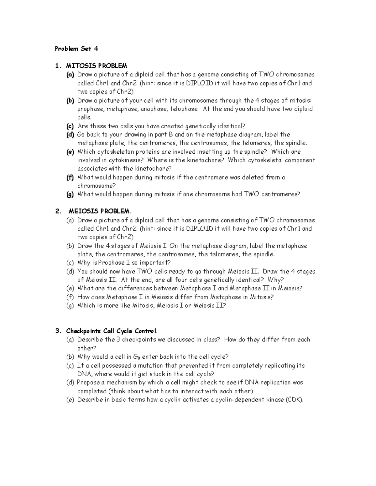 Problem Set 4: Mitosis & Meiosis Concepts and Cell Cycle Checkpoints ...