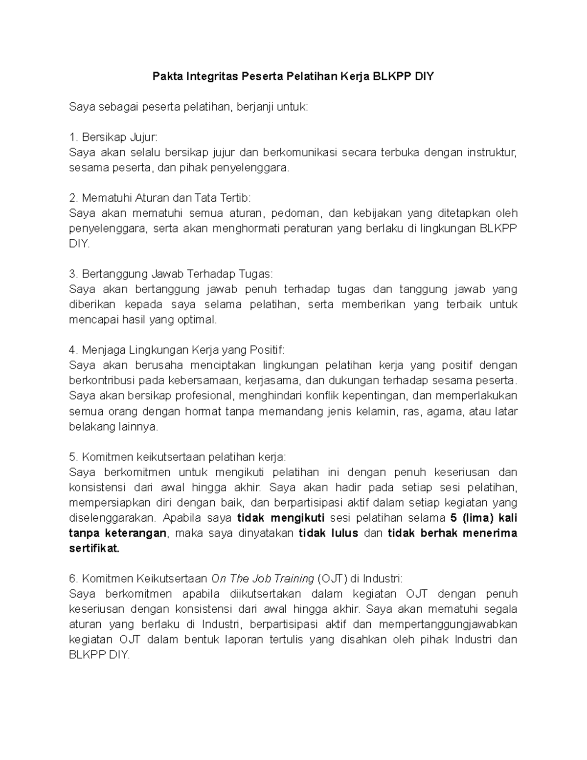 Pakta Integritas Peserta Pelatihan Kerja BLKPP DIY - Studocu