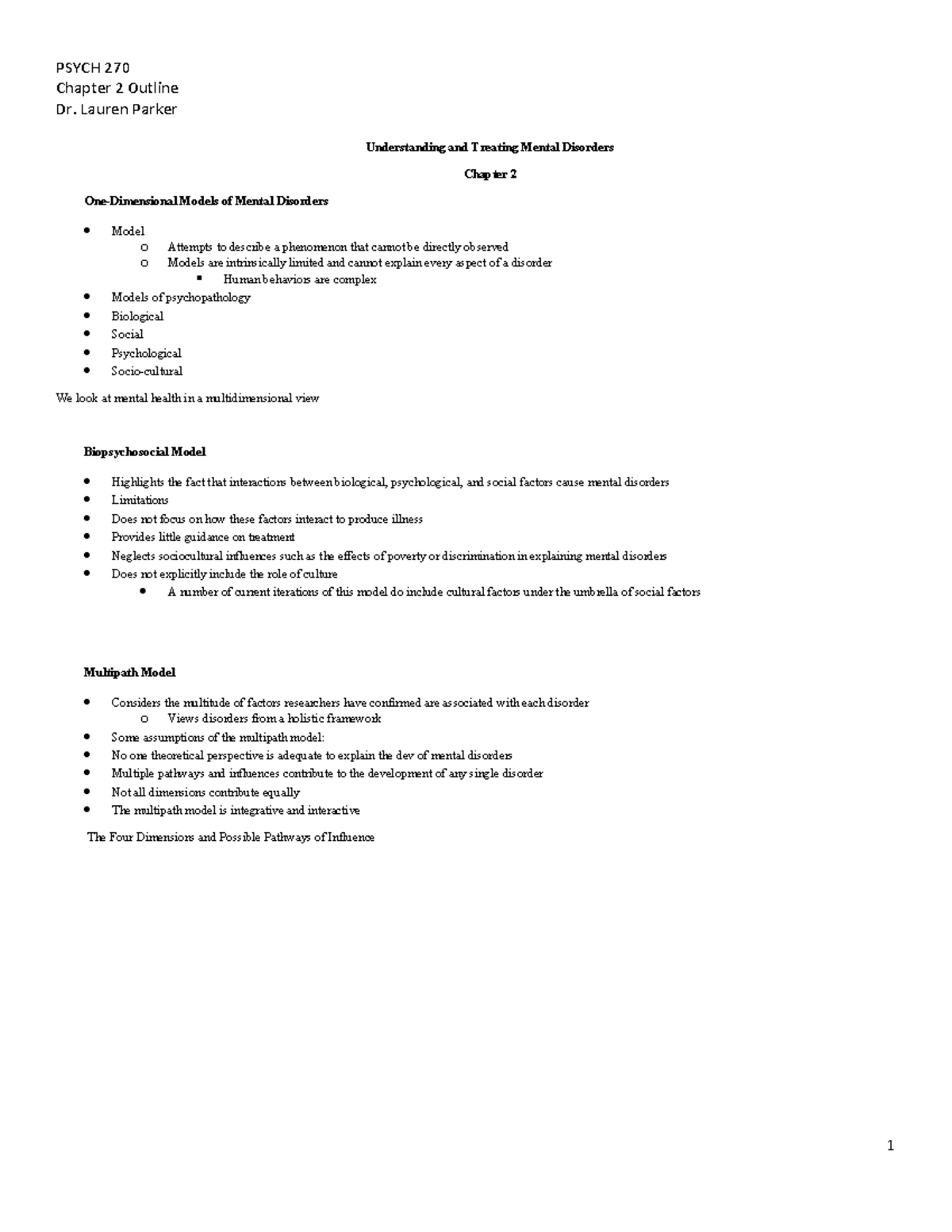 PSYCH 270 Chapter 2: Models and Treatments of Mental Disorders Outline ...