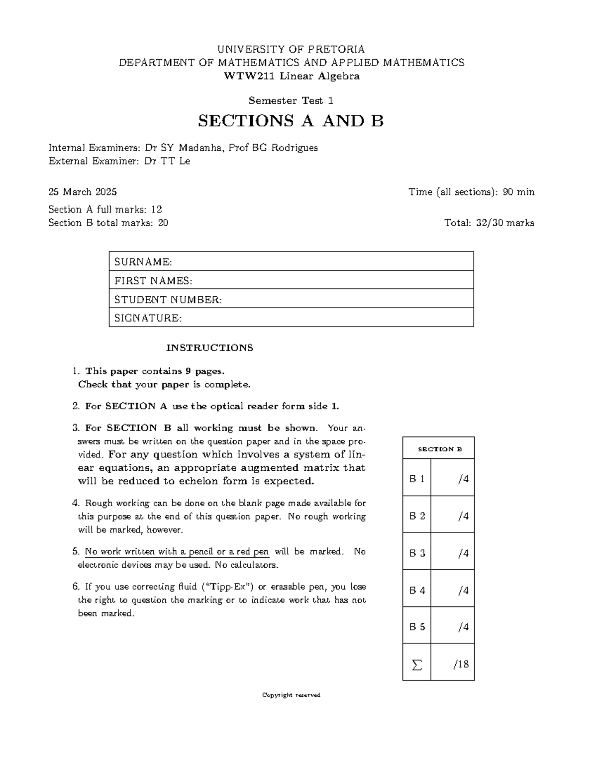 WTW211 Linear Algebra Semester Test 1 - March 2025 - Studocu