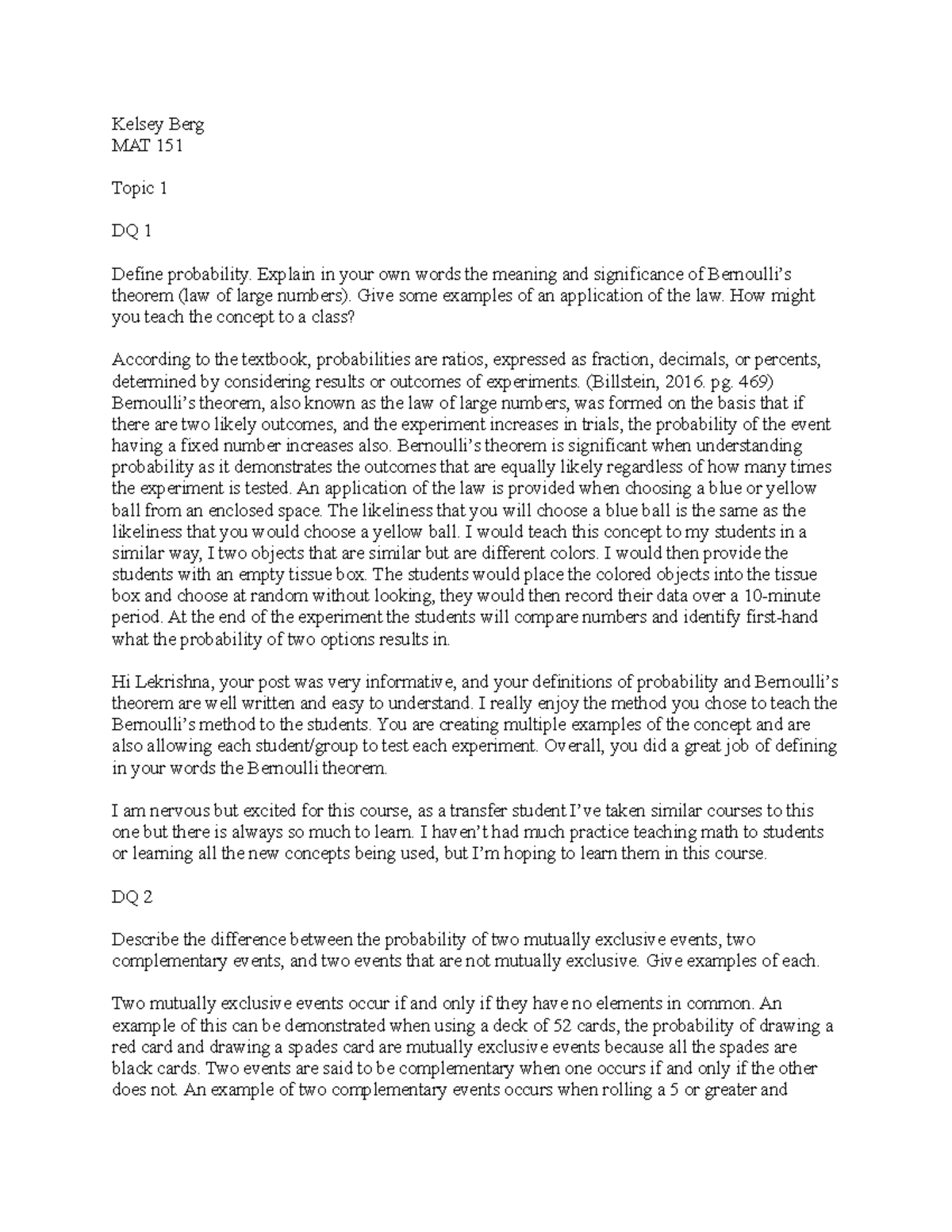 MAT 151: Understanding Probability and Bernoulli's Theorem DQ Insights ...