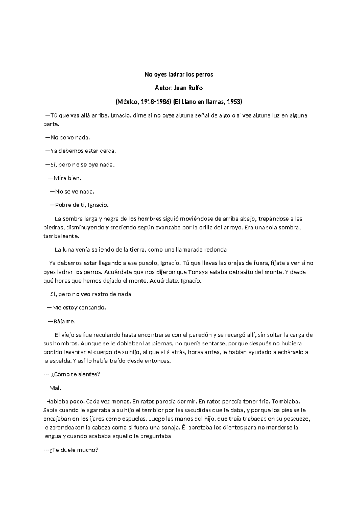 No Oyes Ladrar los Perros: Análisis del Cuento de Juan Rulfo - Studocu