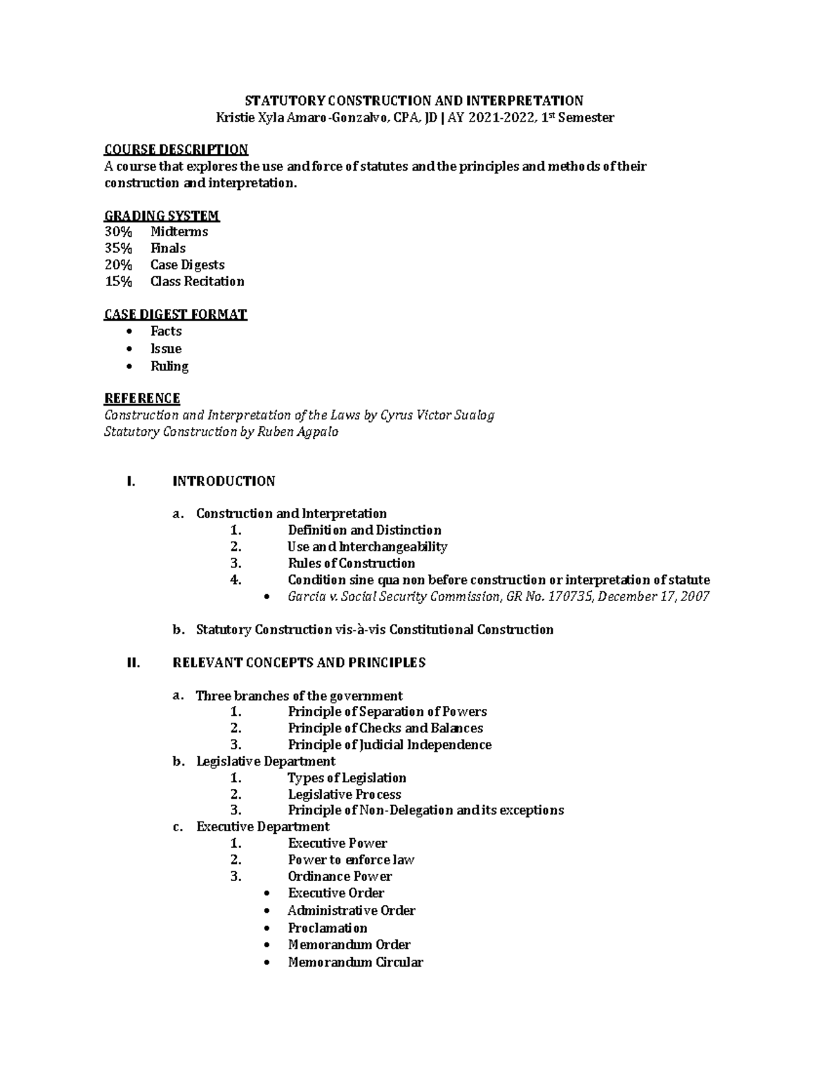 Statcon Course Outline: Statutory Construction & Interpretation 2122 1 ...