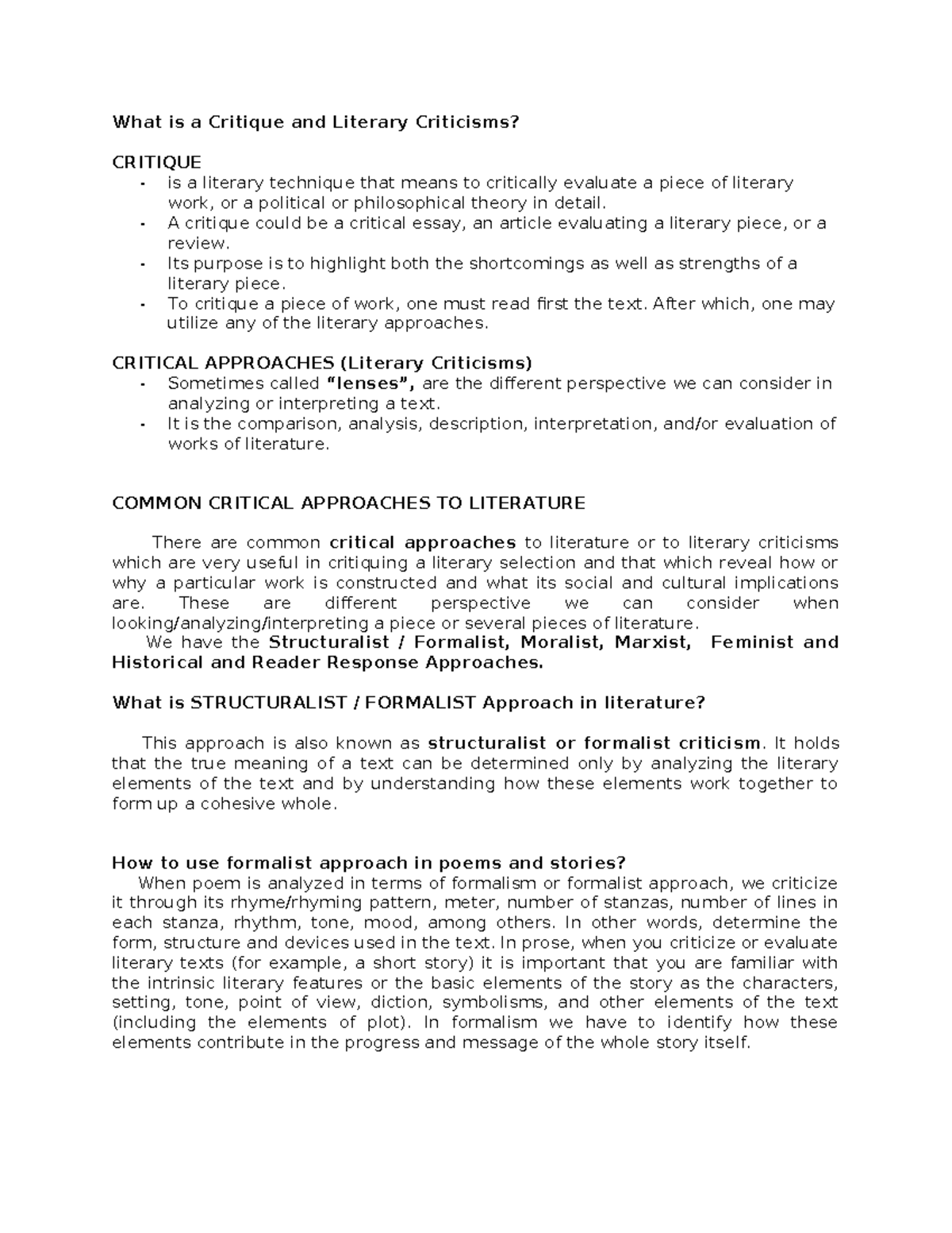 Critical- Approaches- Lecture - What is a Critique and Literary ...
