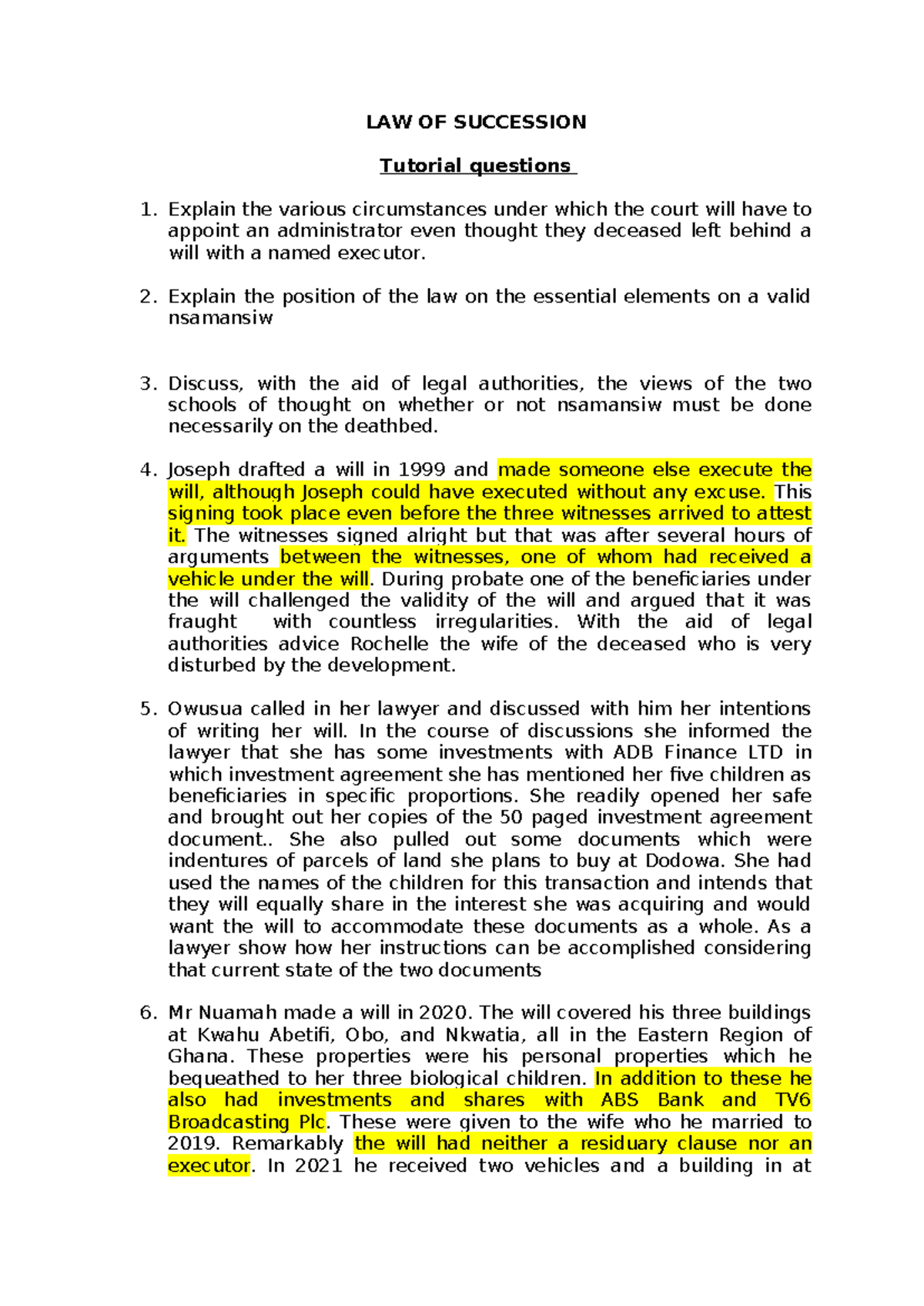 LAW OF SUCCESSION Tutorial Questions and Legal Analysis - Studocu