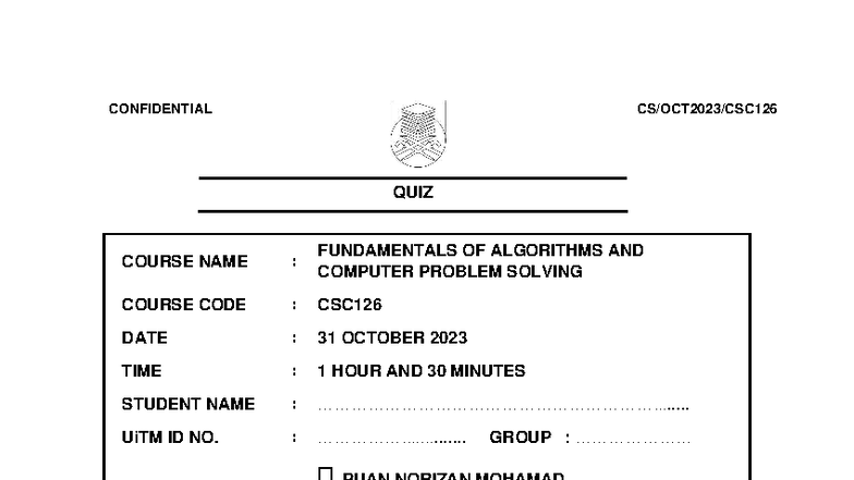 CSC126: Quiz on Fundamentals of Algorithms - Oct 31, 2023 - Studocu