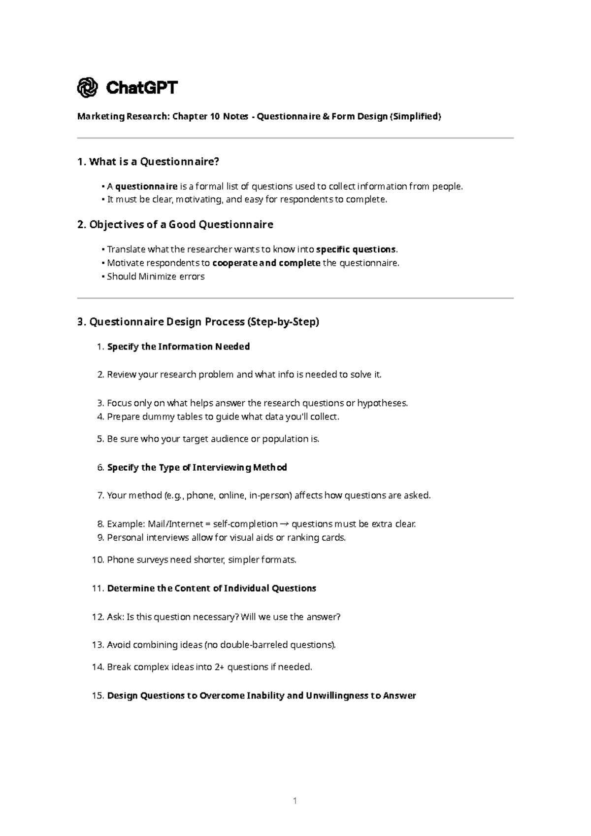 Marketing Research Mkt 101 Chapter 10 Questionnaire Design Notes
