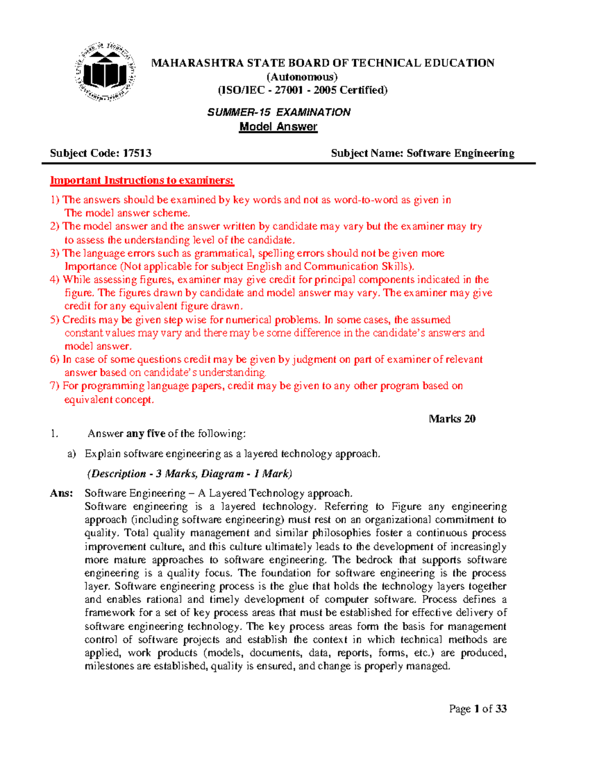 Model Answer Paper for Software Engineering (17513) - Summer 2015 Exam ...