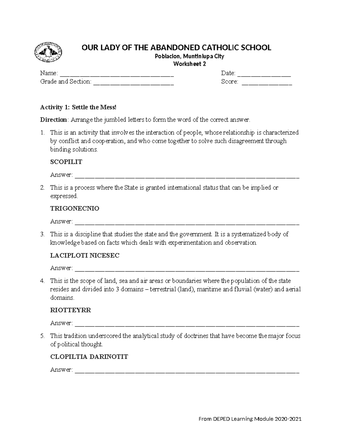 PPG Worksheet 2: Jumbled Words Activity for Our Lady of the Abandoned ...