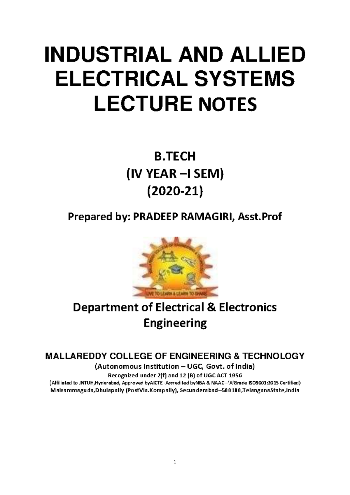 Industrial and Allied Electrical Systems - IV Year Lecture Notes (2020 ...