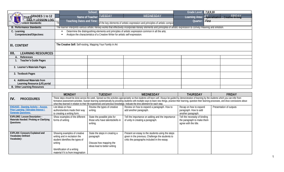 DLL R Creative Writing Lesson Plan for Week 2 - Studocu