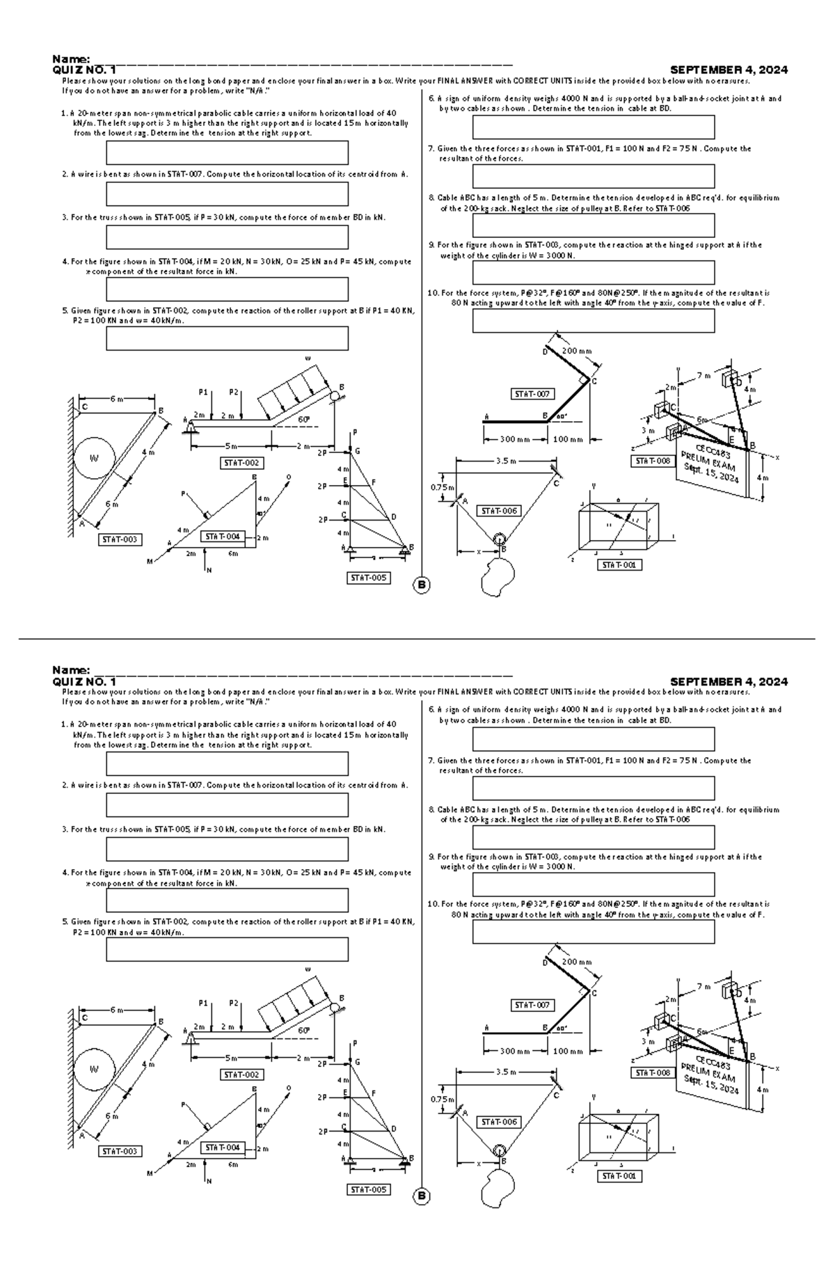 QUIZ NO. 1 M2B - Statics Solutions and Tension Calculations - Studocu