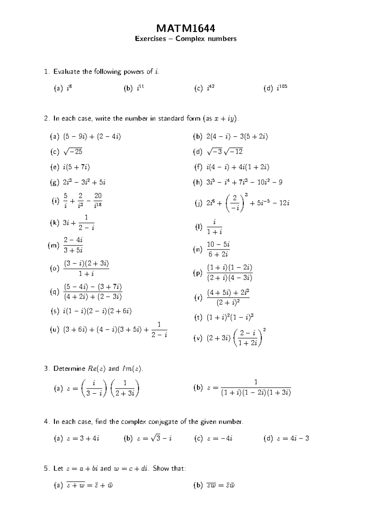Complex numbers exercises - MATM Exercises – Complex numbers Evaluate ...