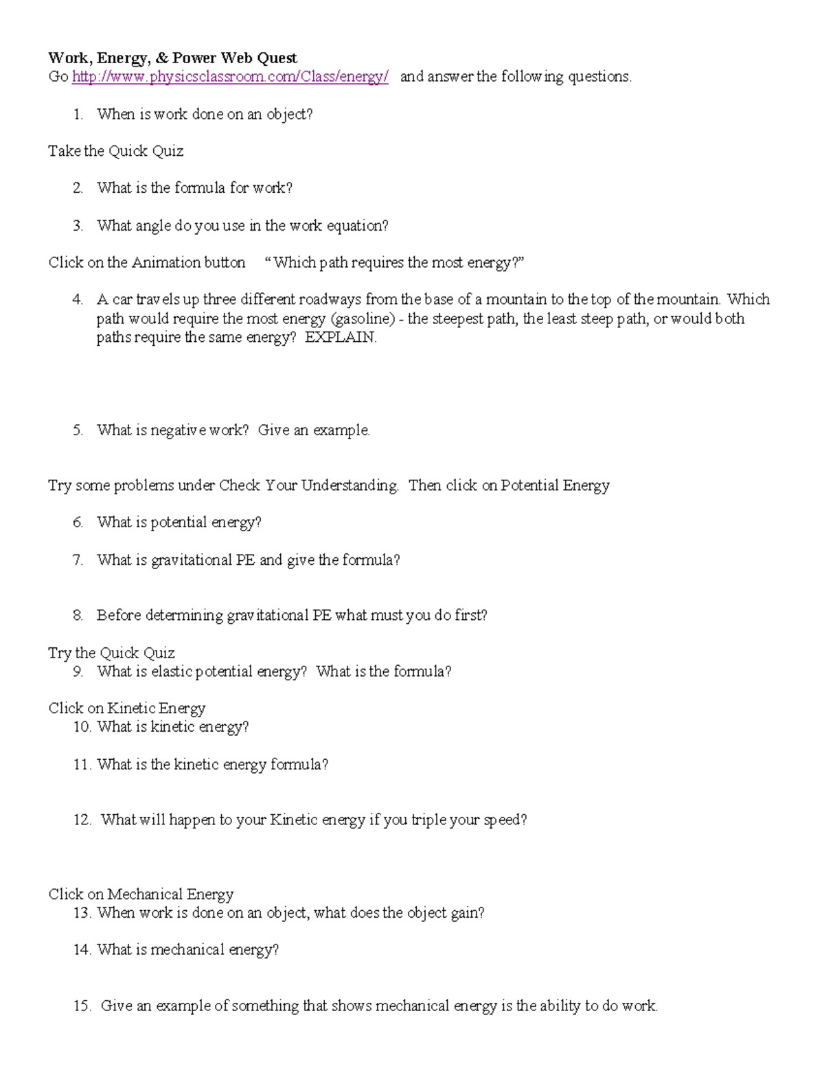 Energy, Work, and Power Web Quest: Key Concepts and Questions - Studocu