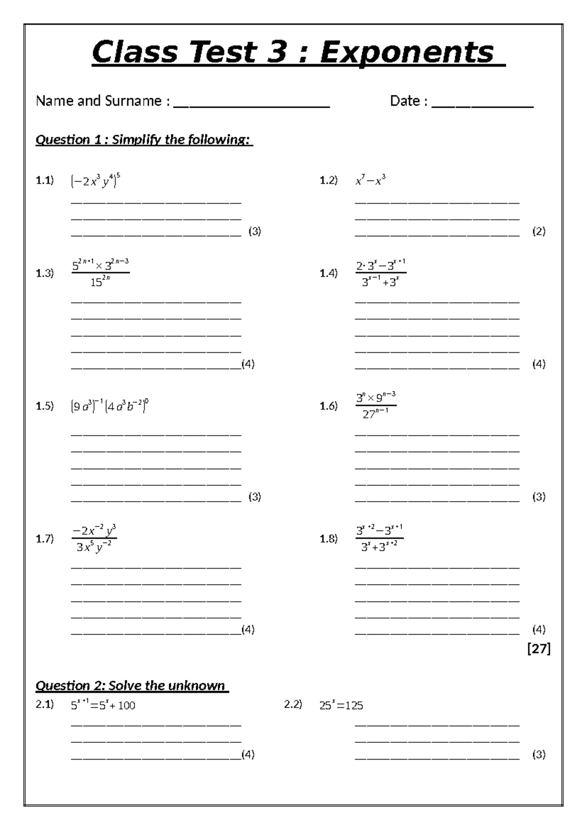 Exponents - Class Test 3: Simplification and Solutions - Studocu