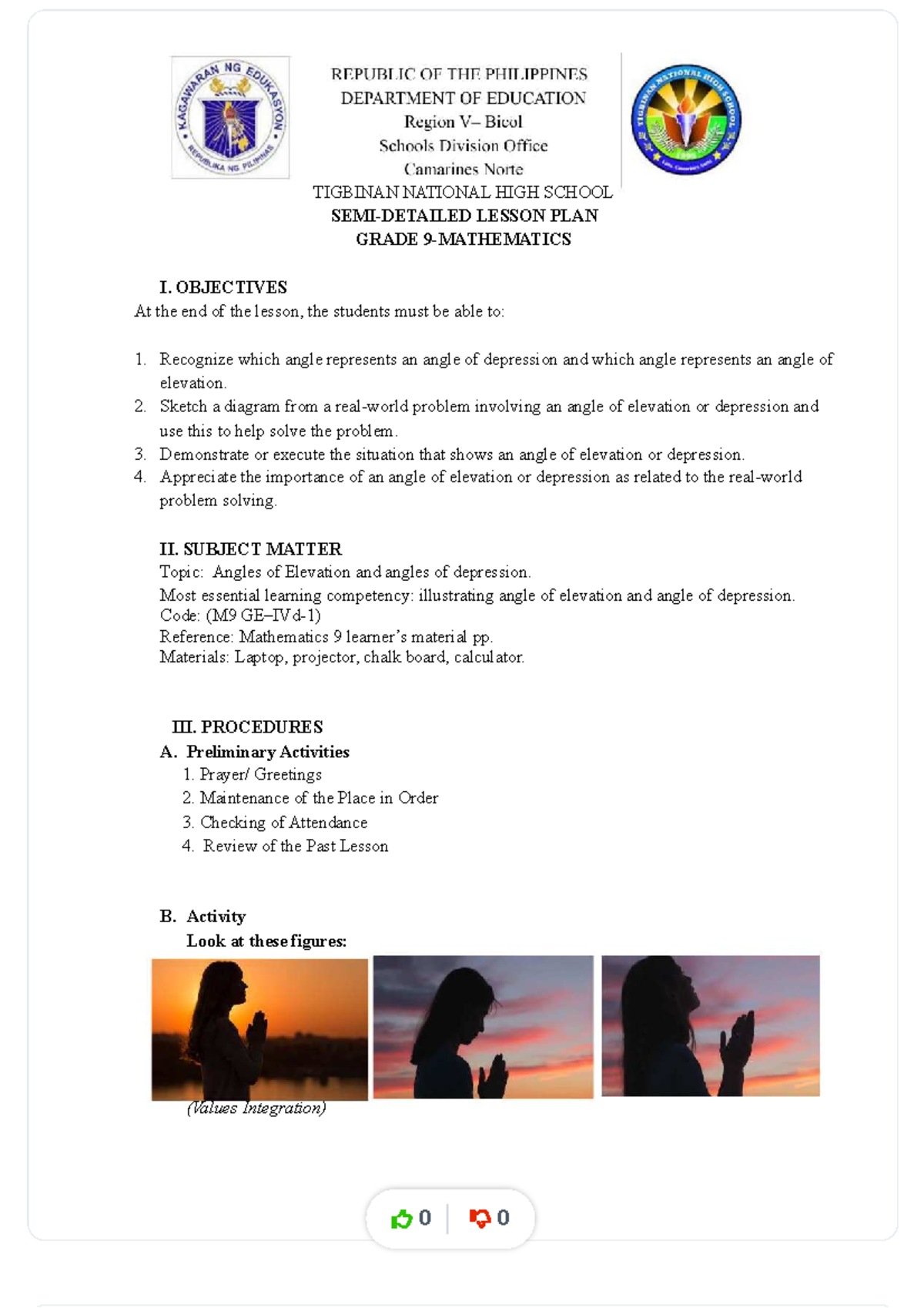 Grade 9 Math Lesson Plan: Angles of Elevation & Depression (M9 GE–IVd-1 ...