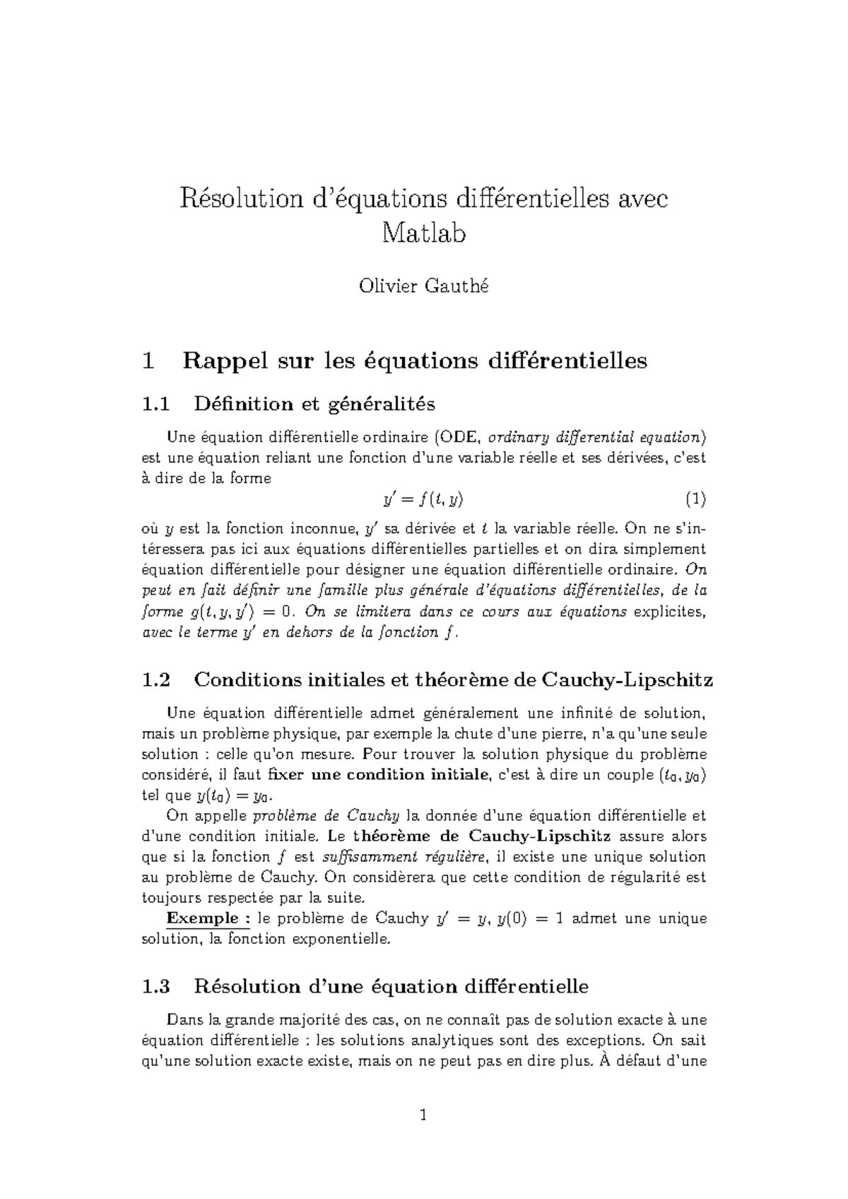 Résolution d'Équations Différentielles avec Matlab - Cours 1 - Studocu