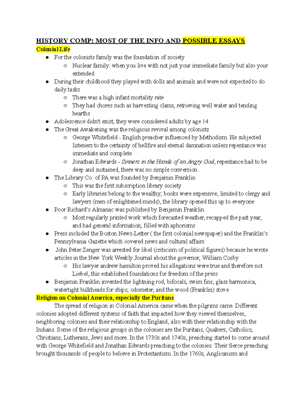 HISTORY COMP: ESSAY NOTES ON COLONIAL LIFE AND REVOLUTION - Studocu