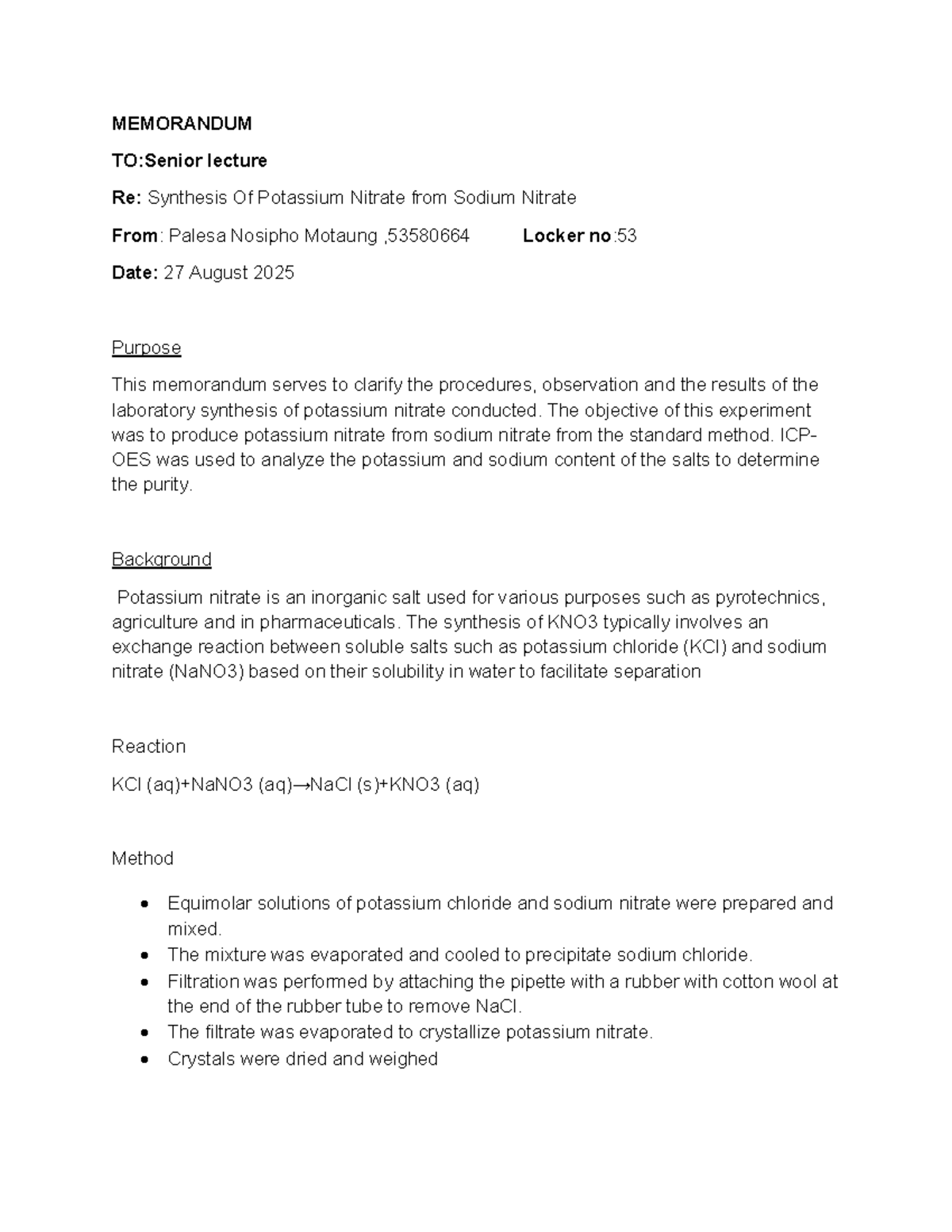 MEMO: Synthesis of KNO3 from NaNO3 - Lab Report 53580664 - Studocu