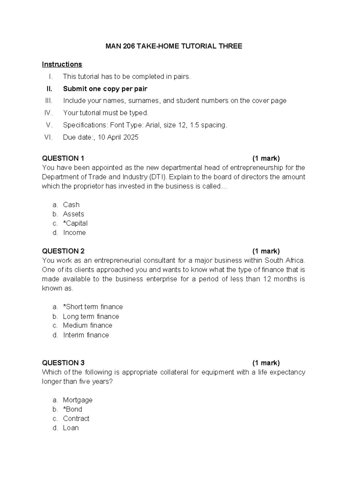 Hand in tutorial three 1 - MAN 206 TAKE-HOME TUTORIAL THREE ...