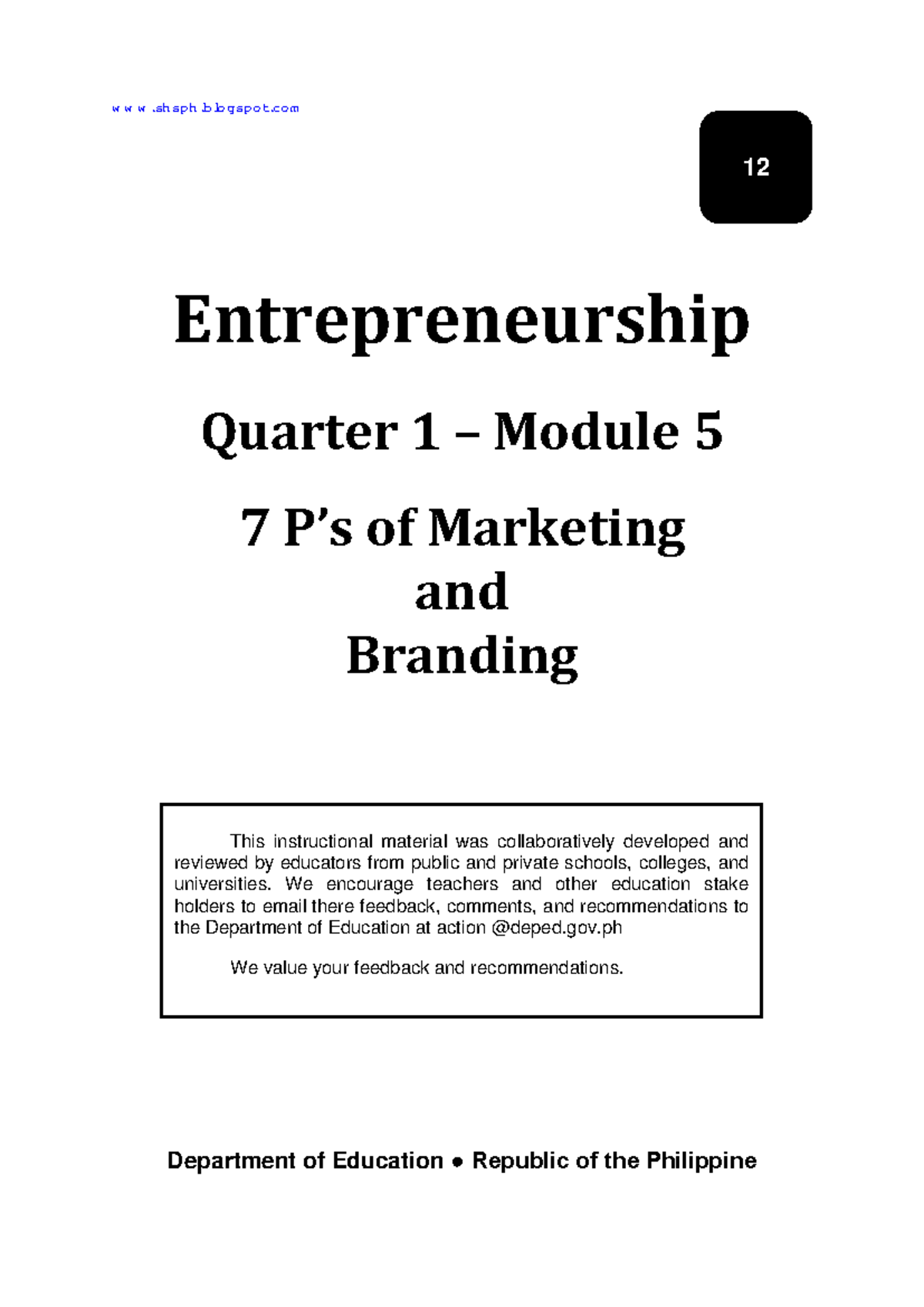 Entrep 12 Q1 M5: 7 Ps of Marketing & Branding Module - Studocu