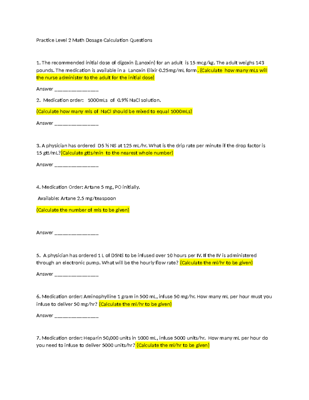 Practice Level 2 Math Dosage Calculation Questions (student copy ...