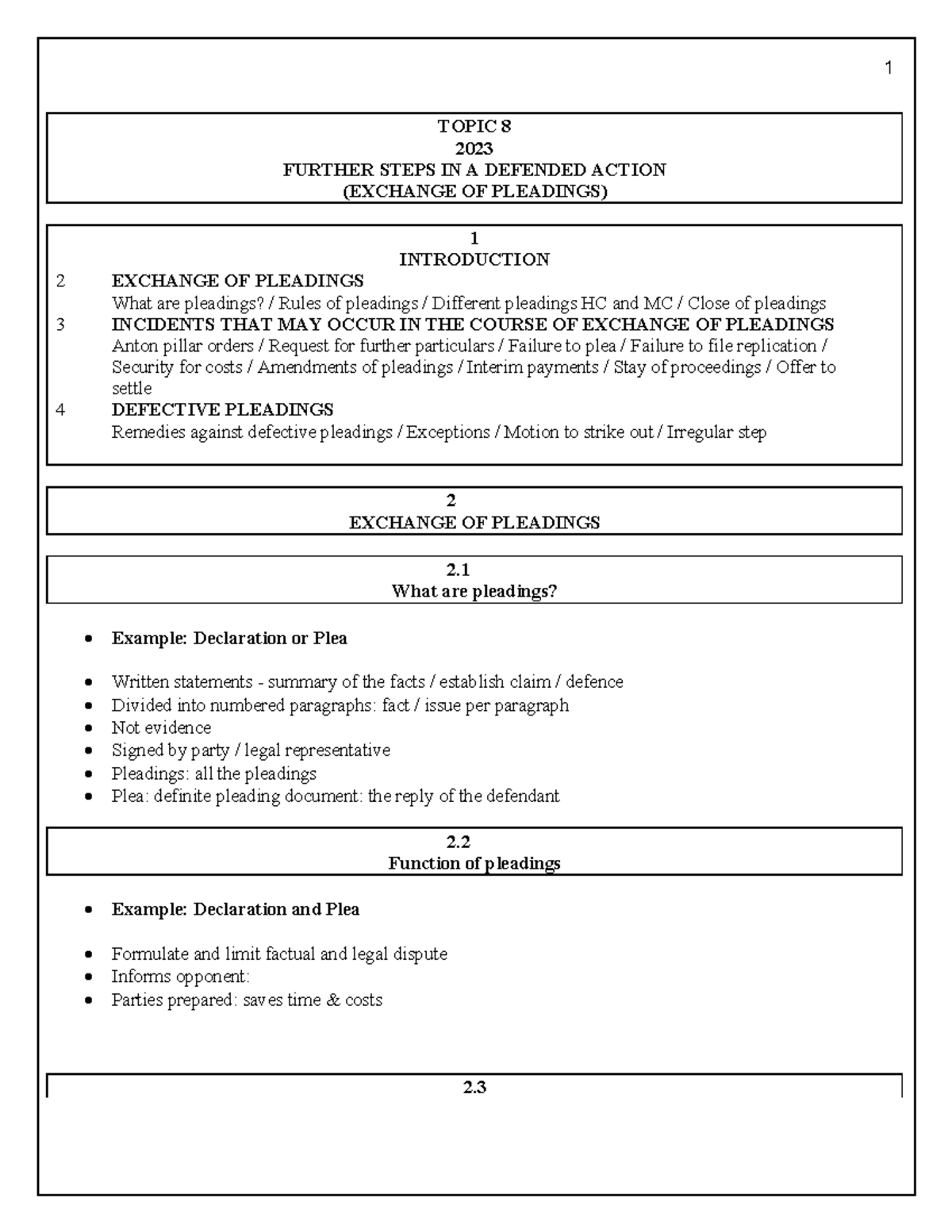 Civil topic 8 - pleadings that are in a defended cause of action ...