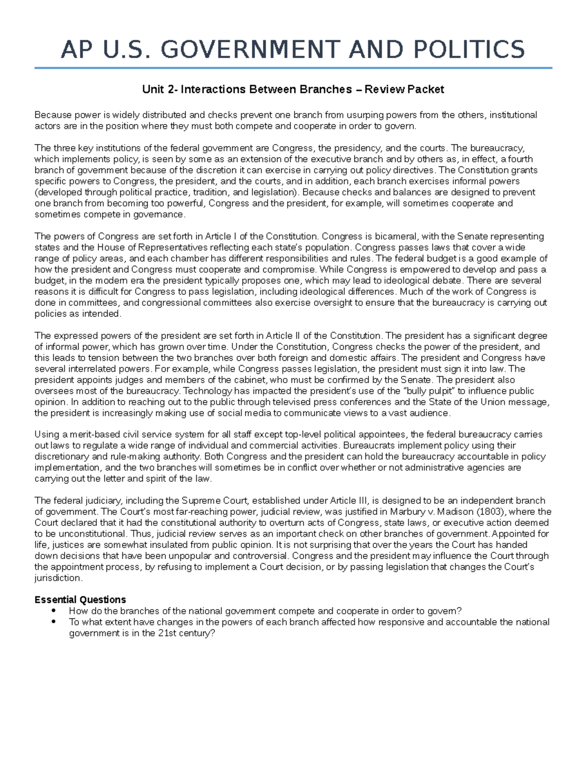 Unit 2 Review Packet: Interactions Between Branches in AP Gov. - Studocu