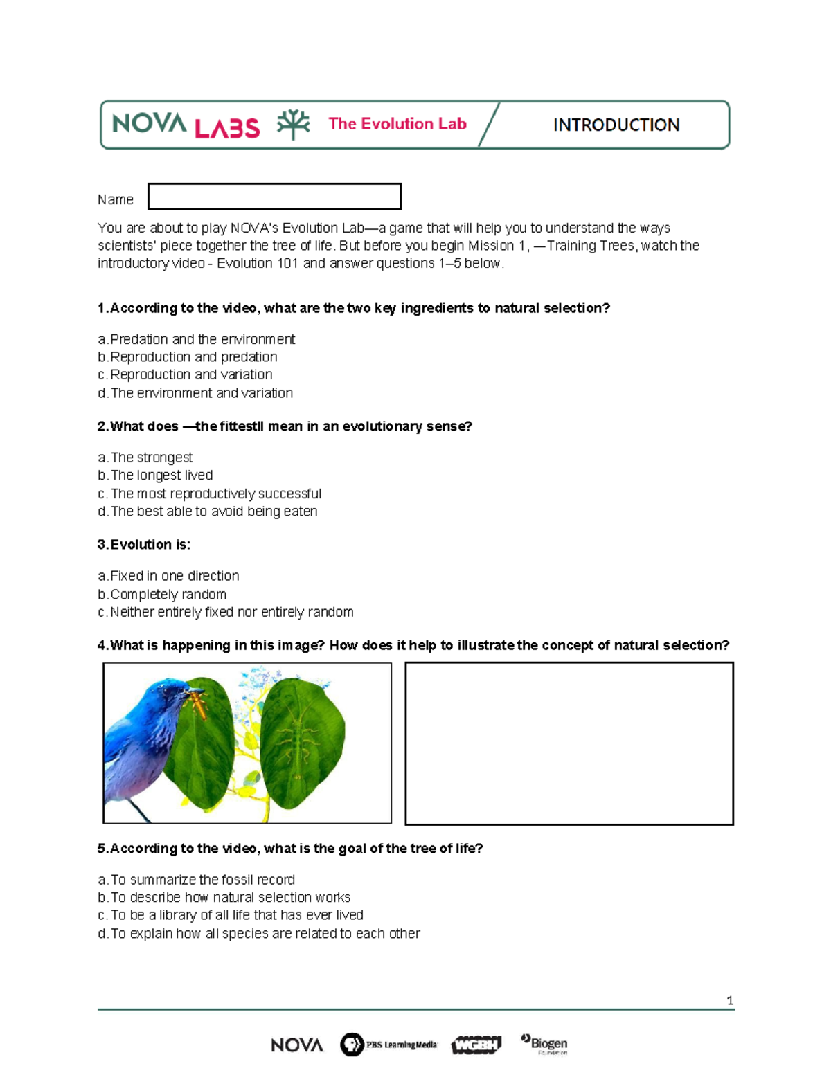 Lab 2 - NOVA Evolution: Understanding Natural Selection & Phylogeny ...
