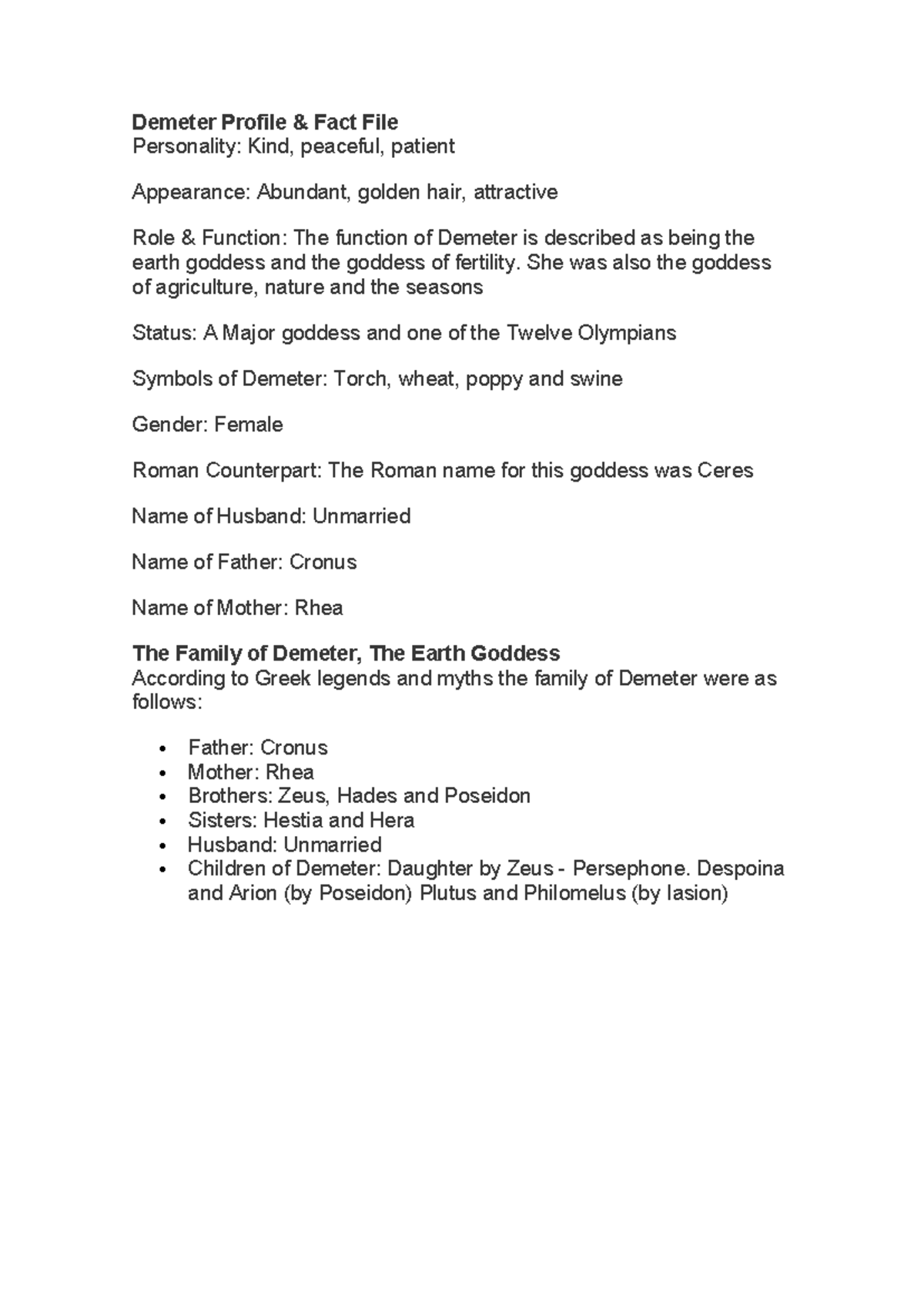 Demeter Profile: The Earth Goddess and Her Attributes - Studocu