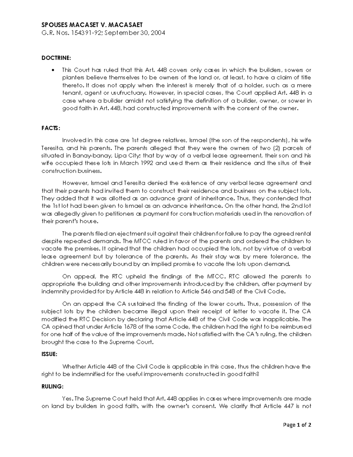 Macasaet V. Macasaet Case Study: Supreme Court Ruling 154391-92 - Studocu