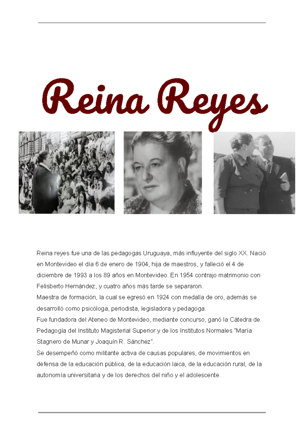 Biografía de Reina Reyes: Pedagoga Uruguaya y Activista Educativa - Studocu