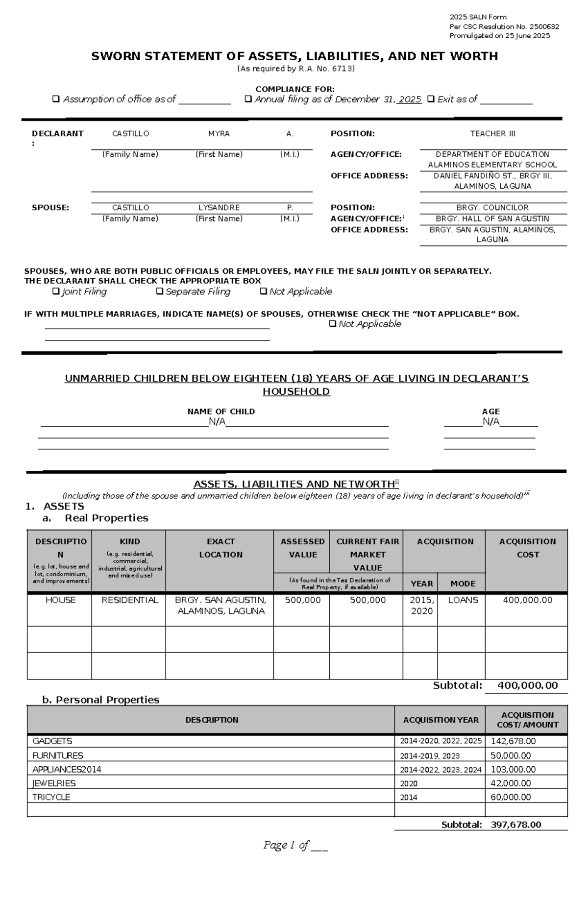 2025 SALN Form for Teacher Myra A. Castillo - Compliance Document - Studocu