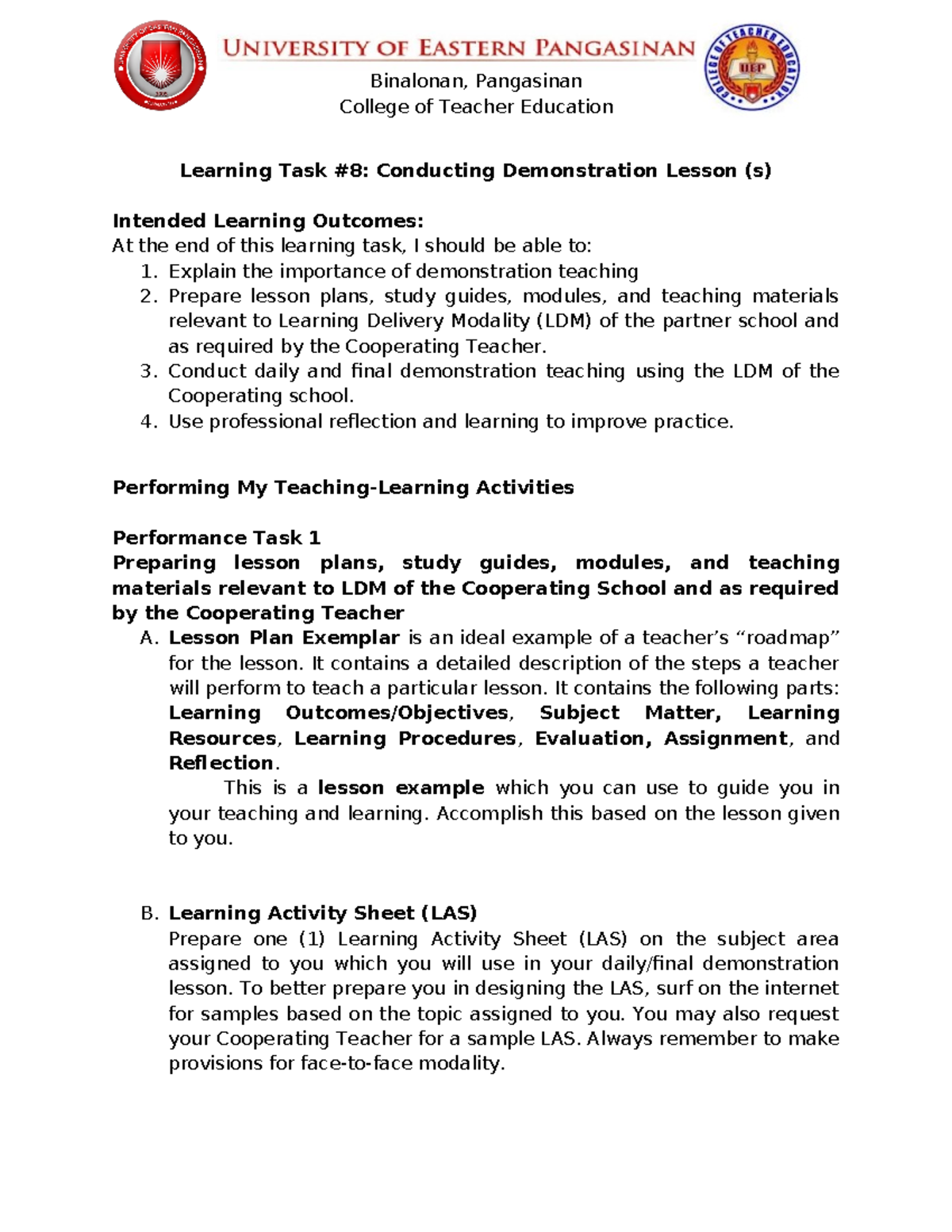 BASED on Learning Task #8: Conducting Demonstration Lesson (s) - Studocu
