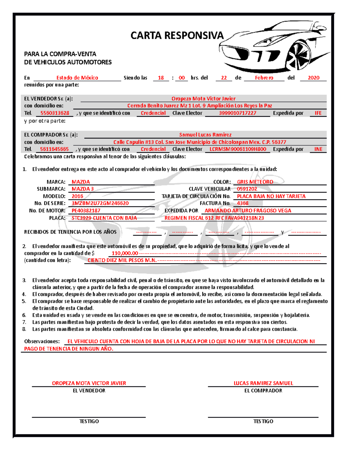 Carta Responsiva para Compra-Venta de Vehículos Automotores - Studocu