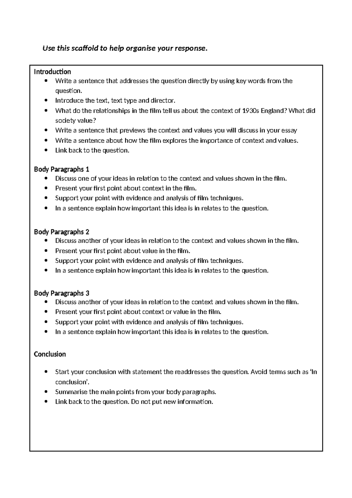 Essay Scaffold for Film Analysis: Context & Values in 1930s England ...