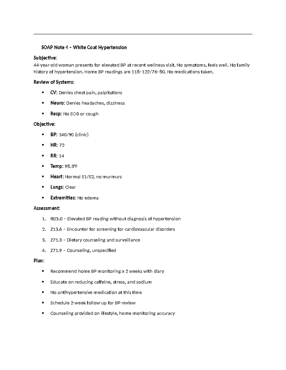SOAP Note 4: White Coat Hypertension Assessment & Plan - Studocu