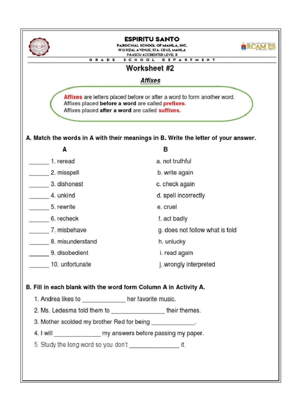 Affixes Worksheet for RCAM ES 1912: Prefixes & Suffixes - Studocu