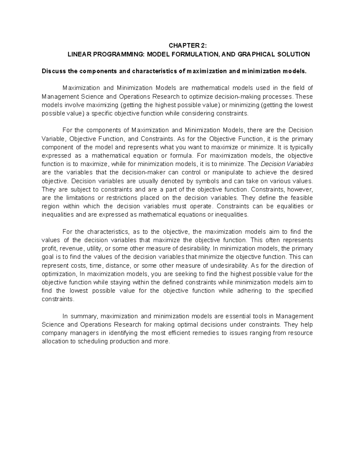 Chapter 2: Linear Programming Models in Management Science - Studocu