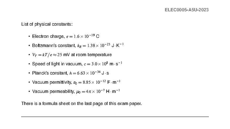 ELEC0005 2023 Final Exam: Physical Constants & Electric Fields - Studocu