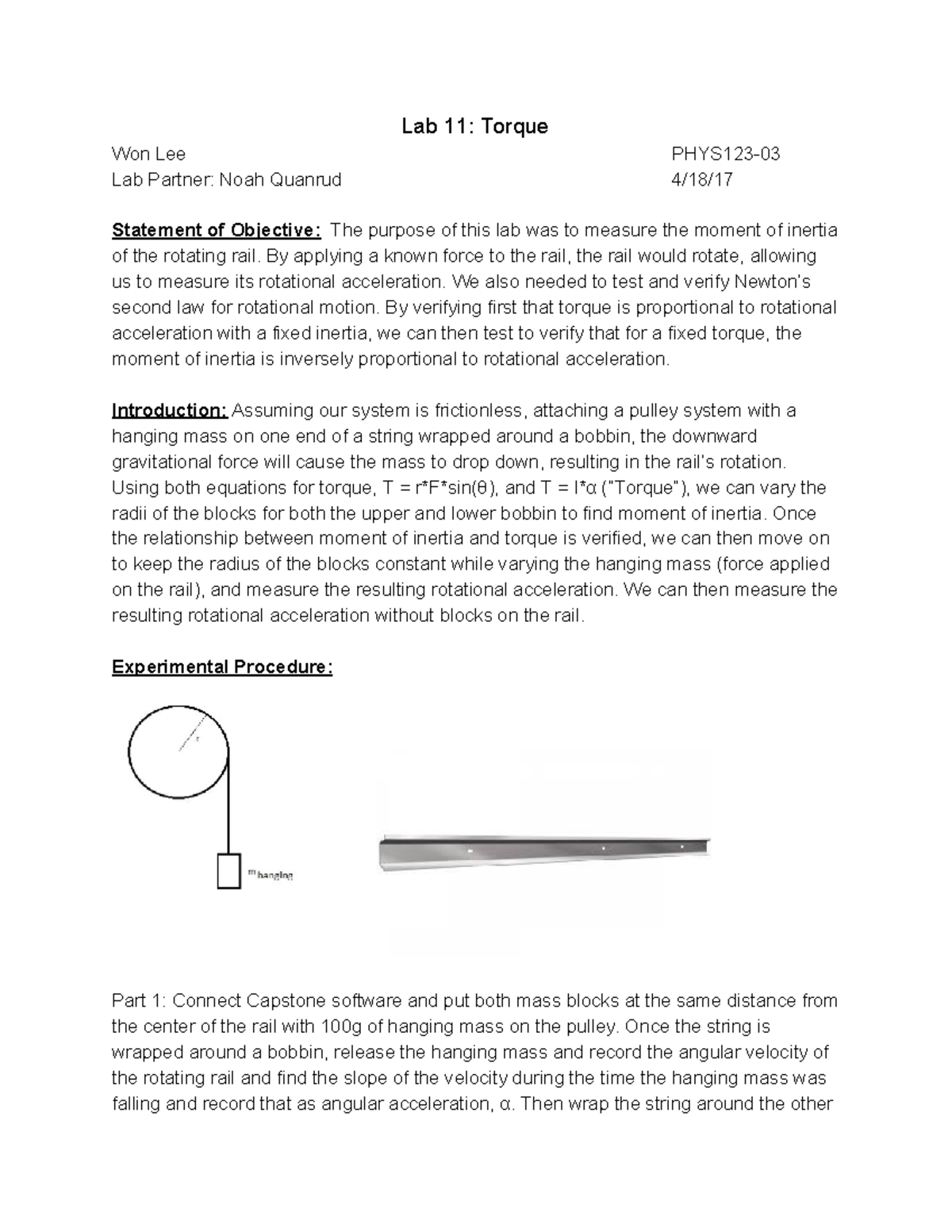 PHYS123 Lab 11: Investigating Torque and Moment of Inertia - Studocu